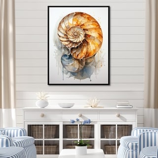 Designart "Golden Sea Sheel Spiral I" Nautilus Framed Wall Art Living ...