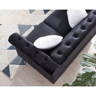 Black Velvet Rolled Arms Sofa Button Tufted Loveseat Sofa with Pillows ...