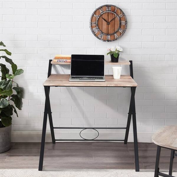 Folding Writing Table Home Office Computer Desk with 2-Tier Shelf - Bed ...