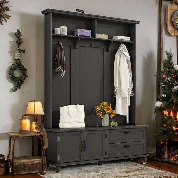 Modern Style Hall Tree with Storage Cabinet and 2 Large Drawers and 5 ...