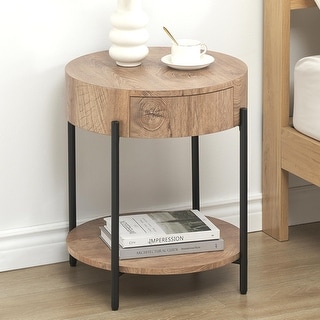 Round End Table with Drawer Circle Side Table Wooden Bedside Table ...