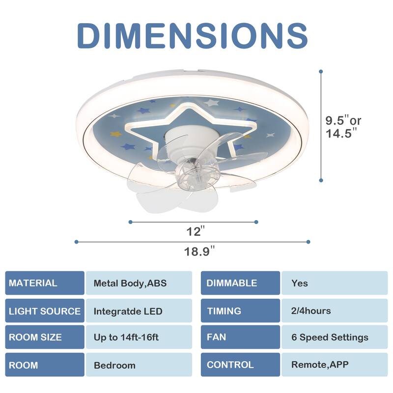 20" Modern Blue Flush Mount Ceiling Fan with Dimmable Light and Remote ...