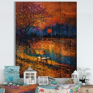 Designart 'Red Moon Sunset In Autum Forest' Farmhouse Print on Natural ...