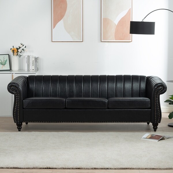 Black leather three seater sofa store