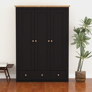 Modern 3-Door Black Wardrobe Closet with 2 Drawers Suitable for Bedroom ...