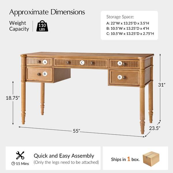 HULALA HOME Derk 55''W Transitional 5-Drawer Fluted Simple Assembly ...