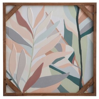 Avani Pastel Relief - Raised Metal Leaves in Square Natural Wood Frame ...