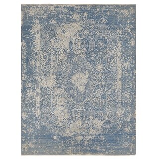 Shahbanu Rugs Steel Blue, Broken and Erased Persian Design, Wool and ...