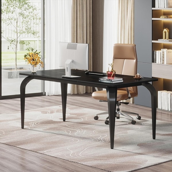 Sintered Stone Office Desk 63" , Black Marble Office Desk Workstation ...