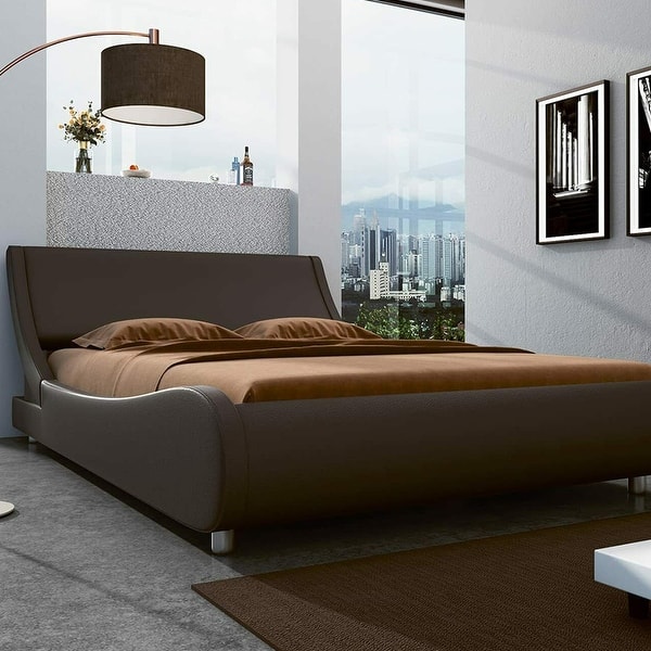 Queen Wave-Like Bed Frame with Curved Adjustable Headboard, Brown - Bed ...