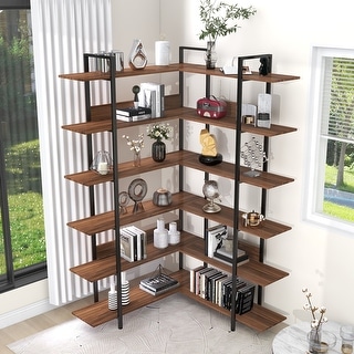 74.8 In Bookshelf L-shape Corner 6-tier Shelves Adjustable Foot Pads ...