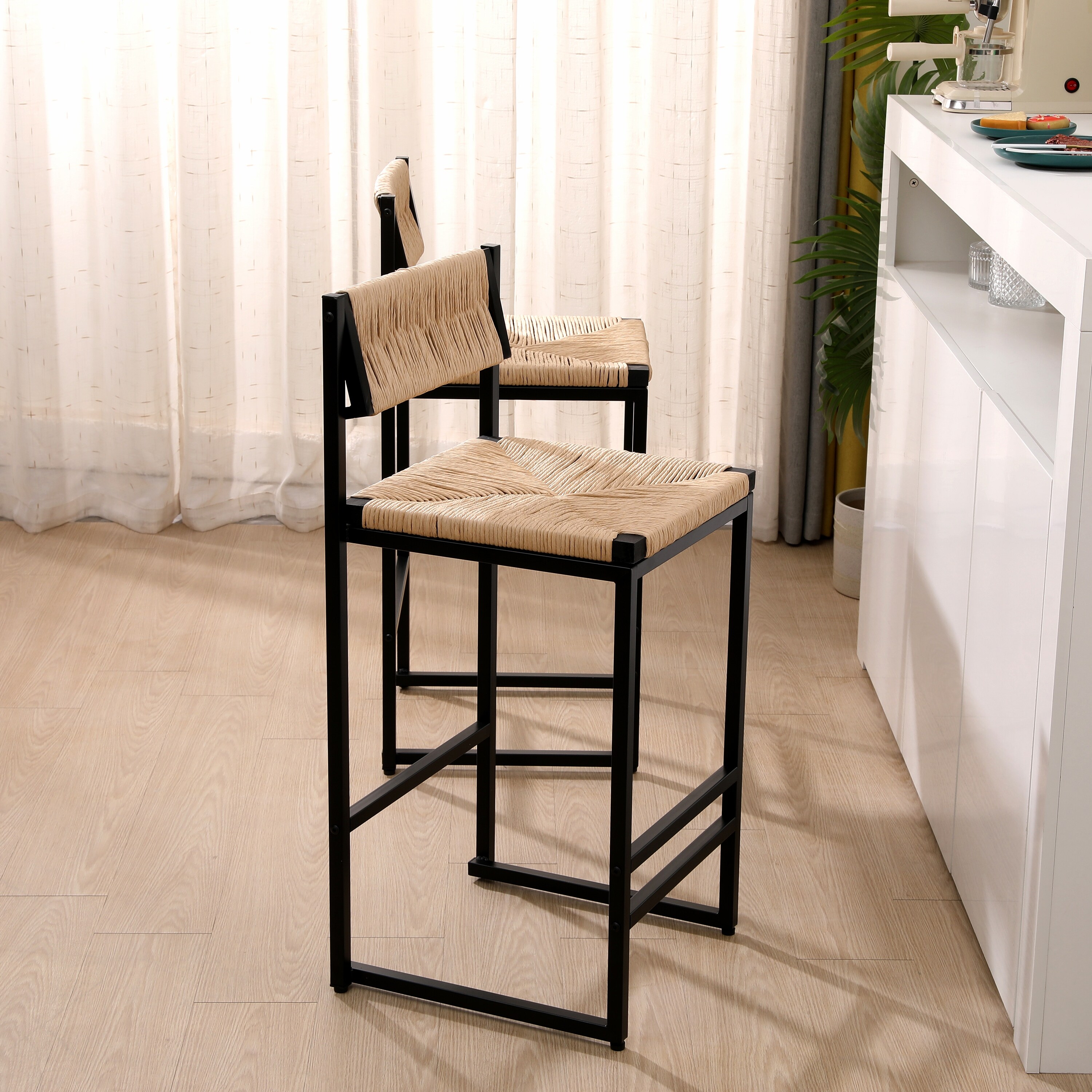 2 Pieces Paper Rope Woven Dining Chairs Set Rustic Style Bar Chairs Honey