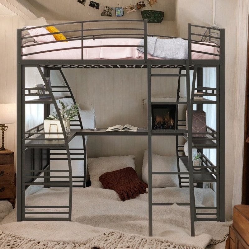 Metal Full Size Loft Bed with with Built-in Desk and Shelves, Black ...