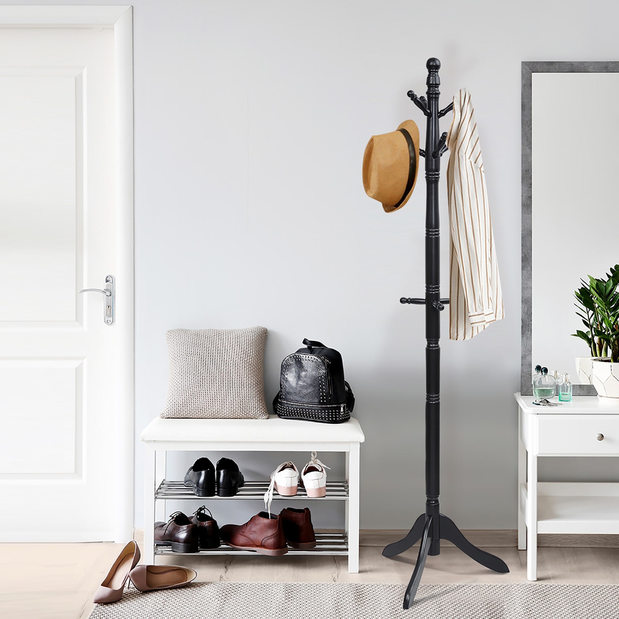 Wood Tree Coat Rack Entryway Coat Stand with 9 Hooks Walnut