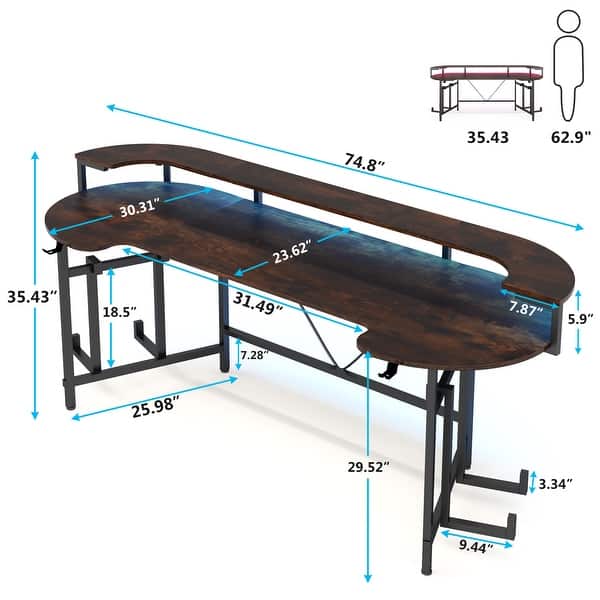 Gaming Desk with Monitor Shelf, 75 inch PC Computer Desk with LED Strip ...