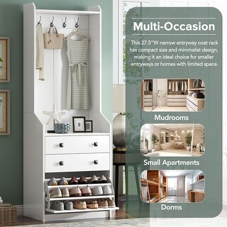Narrow White Hall Tree with Flip Drawer and Adjustable Shoe Storage ...