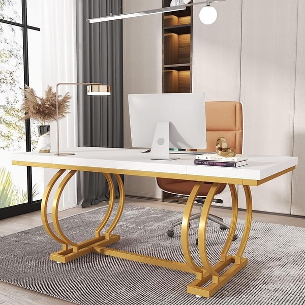 Large Modern Office Desk Computer Desk with Gold Metal Frame - Bed Bath ...