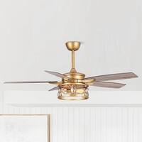 52" Brushed Brass 2-Light Crystal LED Ceiling Fan with Remote - Bed ...