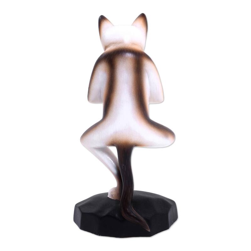 Handmade Wood Sculpture, 'Vrkasana Yoga Cat' (Indonesia) - 11.5" H x 6 ...