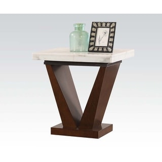 End Table w/Wooden "V" Shape Base in White Marble & Walnut,Contemporary ...