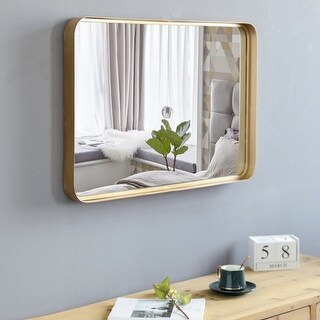 Brushed Metal Wall Mirror Glass Rounded Corner Deep Set Design - Bed ...
