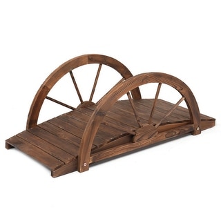 3.3ft Carbonized Patio Wooden Bridge with Half Wheel Railing - N/A - On ...