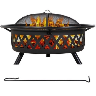Black Cross Weave Large Round Steel Wood Burning Fire Pit with Spark ...