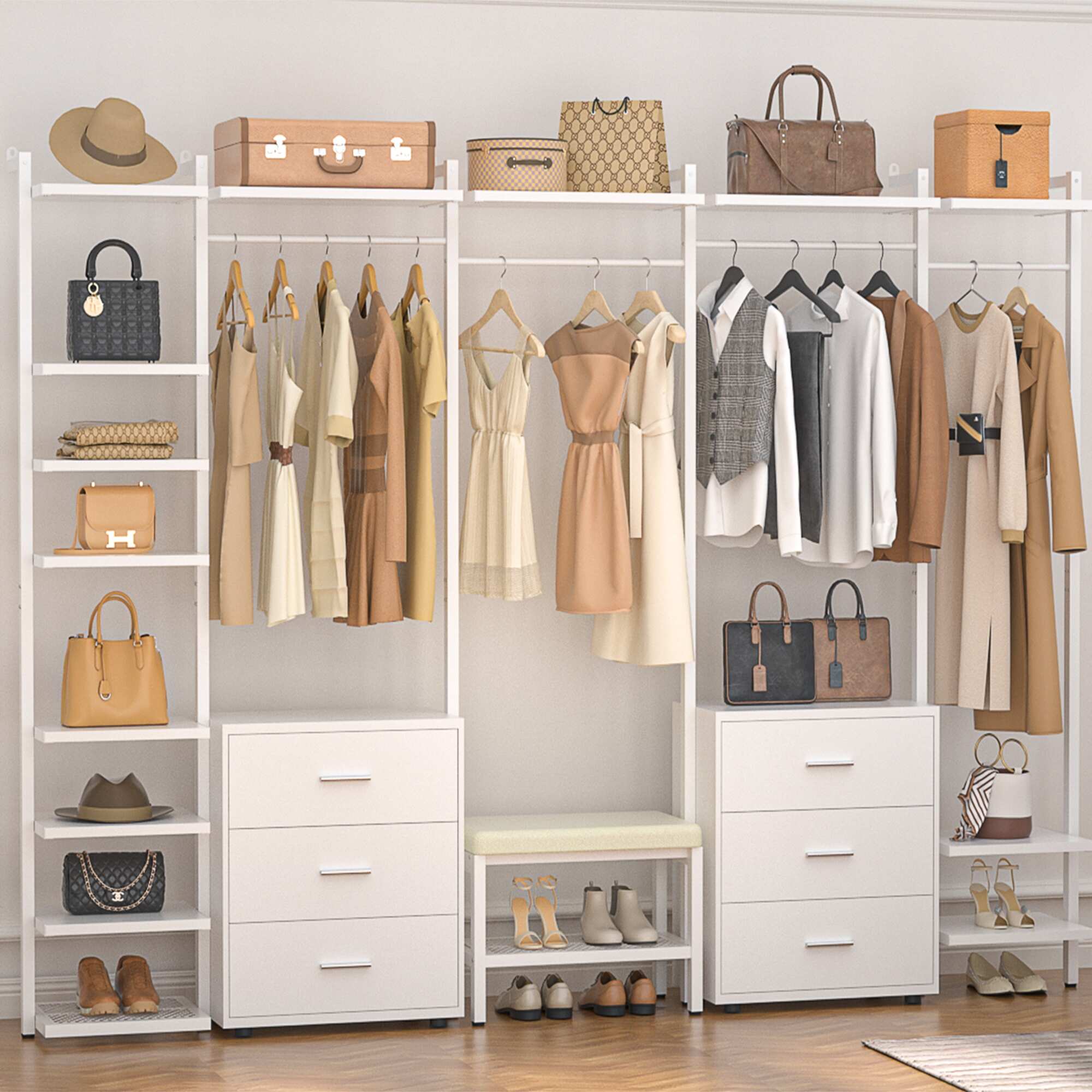 96 Closet Organizer System with 6 Drawers Clothing Rack Wardrobe Closet Garment Rack for Walk In Closets
