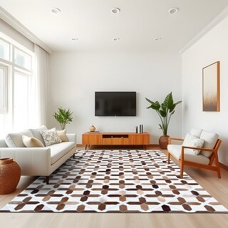 Urban Art 5'x8' Leather Area Rug Handmade White & Brown Cross Pattern ...