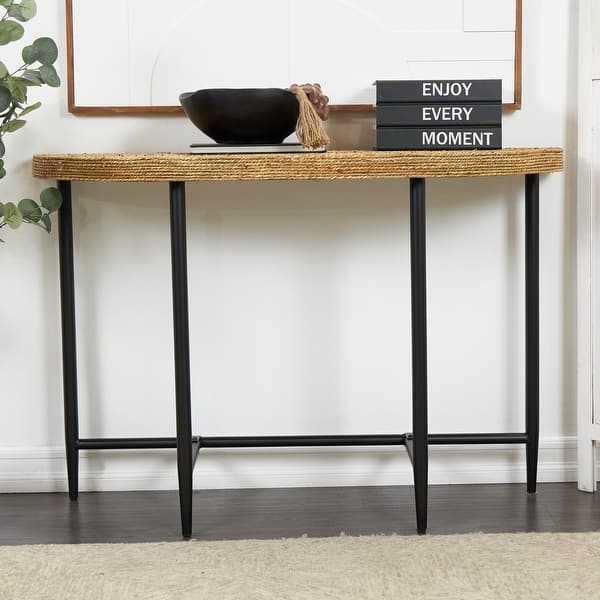 Brown Seagrass Woven Half Moon Console Table with Black Metal Legs ...