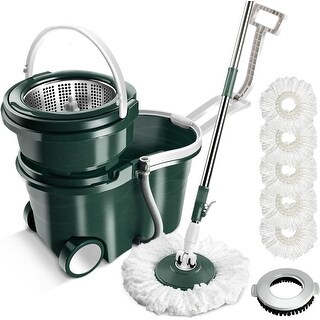 Spin Mop Bucket with Wringer Set,2 Wheels,5 Washable Mop Refills,1 ...