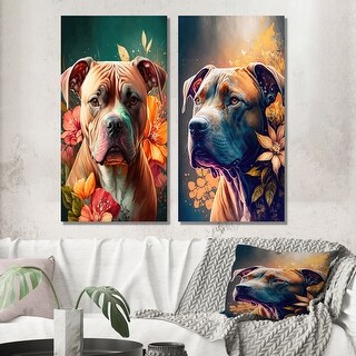Designart "Cute Pitbul Floral Art" Dog Pitbull Wall Art Set Of 2 ...