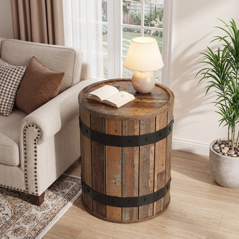 Barrel End Table Countryside Farmhouse Side Table with Storage ...