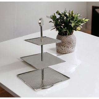 14" Silver Square Stainless Steel Hammered Three Tier Tray - Bed Bath ...