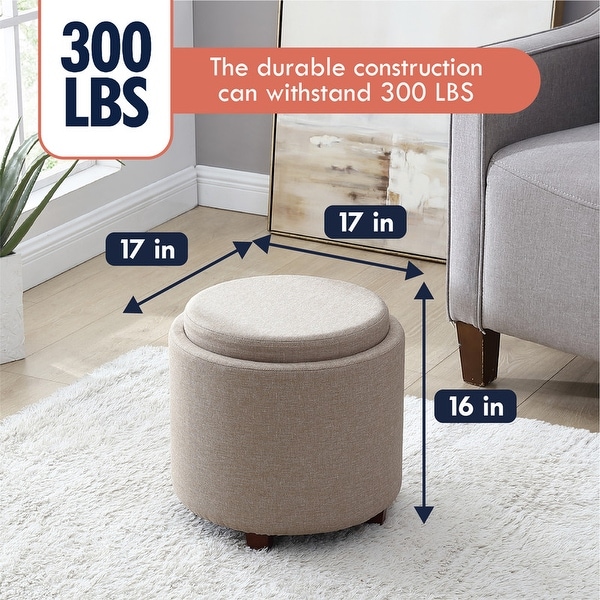 Ornavo Home Lawrence Round Storage Ottoman with Lift Off Lid and Tray Lid Coffee Table