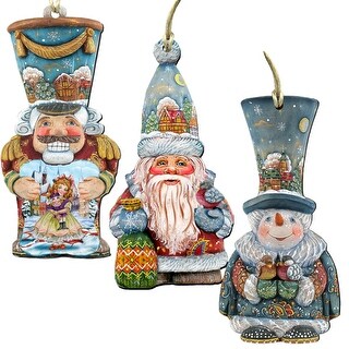 Set of 3 Santa Nutcracker Snowman Wooden Christmas Ornaments 5.5" - Bed ...
