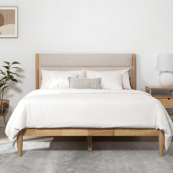 Wooden bed frame with padded headboard store