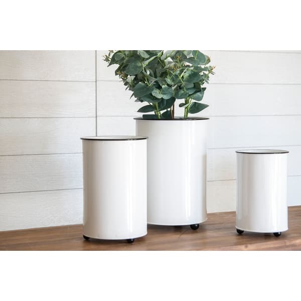 Foreside Home & Garden Set of 3 White Enamel Black Rim Metal Planters ...