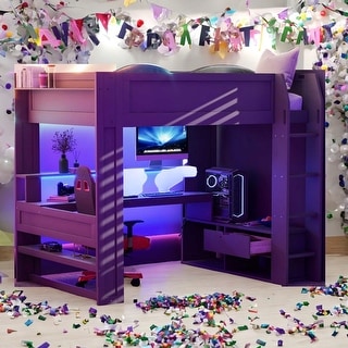 Full Size Gaming Loft Bed with Desk,Shelves,LED and Charging Station ...