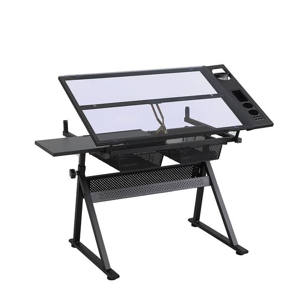 Height Adjustable Glass Top Drafting Table with Storage Drawer Black ...