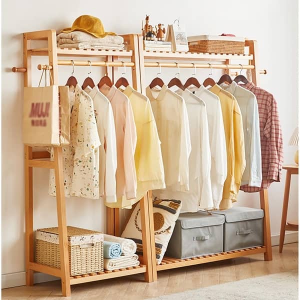 Wooden Garment Rack with 4 Hooks Freestanding Clothes Rack with 2-Layer ...