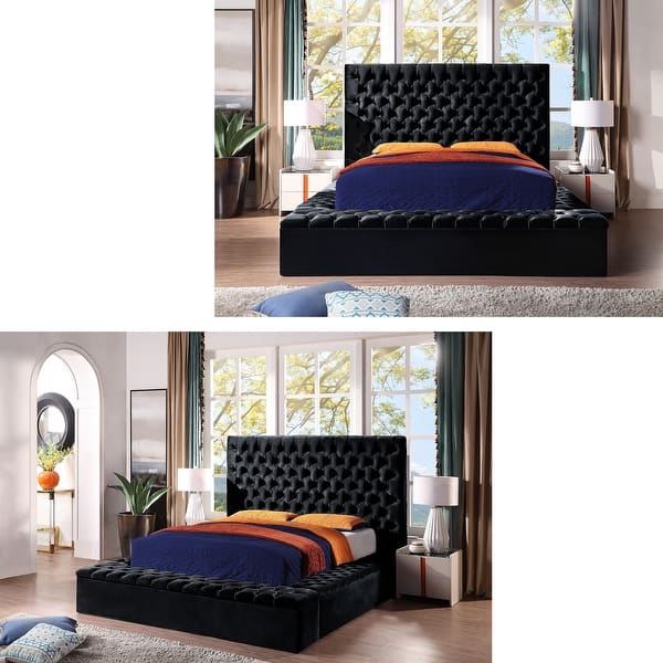 Solid Wood Frame Velvet Upholstered King Size Bed with Storage Locker ...