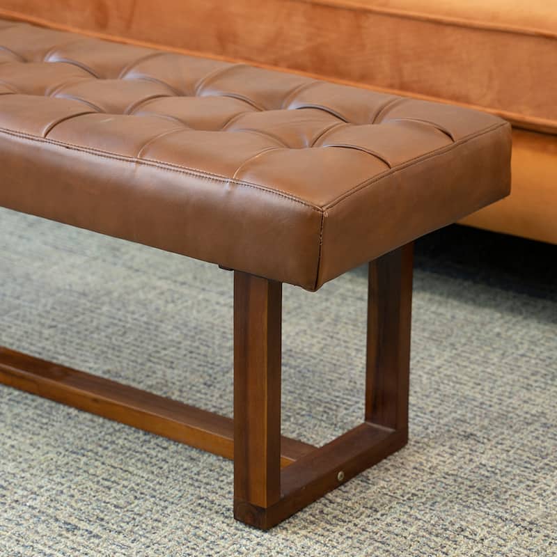 Sonia Mid-Century Tufted Rectangular Genuine Leather Bench in Tan ...