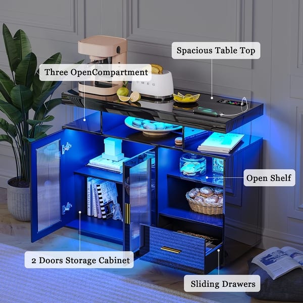 Modern LED Sideboard Buffet Cabinet with Charging Station, Cupboard ...