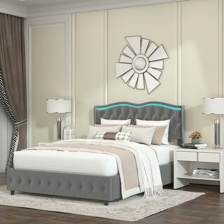 Queen Platform Bed Frame with Deep Tufted Buttons and LED Light ...
