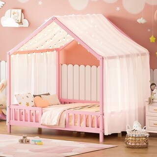 Full Size House-Shaped Kids Bed with Canopy and Safety Railings, Pink ...