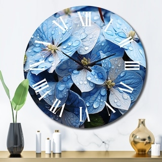 Designart "Blue Hydrangea Celestial Petals" Floral Oversized Wall Clock ...