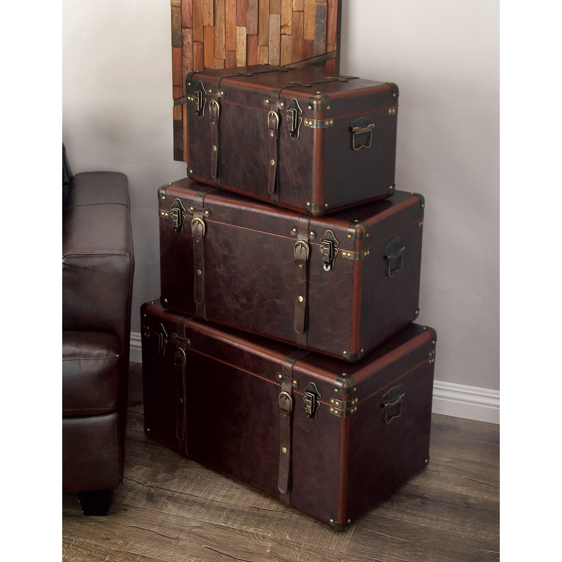 Brown Leather Traditional Trunk Set of 3