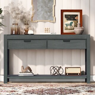 Entryway Navy Blue Wooden Console Table with 2 Drawers, Rectangular ...