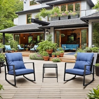 3 Pieces Patio Bistro Set Outdoor Rocking Chair W Blue Cushion For Yard ...
